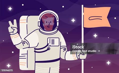 우주 비행사 플랫 벡터 그림입니다 은하계에서 깃발과 승리의 손과 우주인 우주 유영 우주의 별 그라데이션 배경에 윤곽 요소가 있는 코스모나우트 만화 캐릭터 환상의 세계에 대한