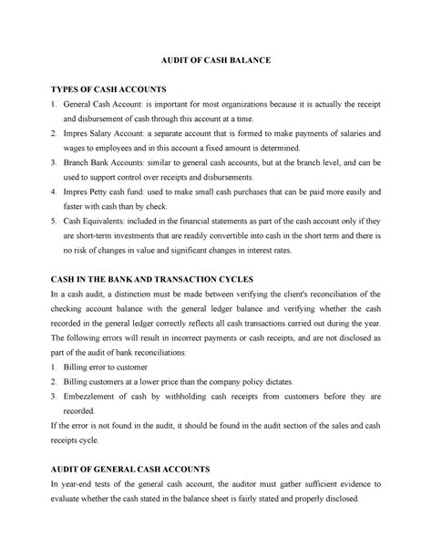 Audit Of Cash Balance Lecture Notes Audit Of Cash Balance Types Of