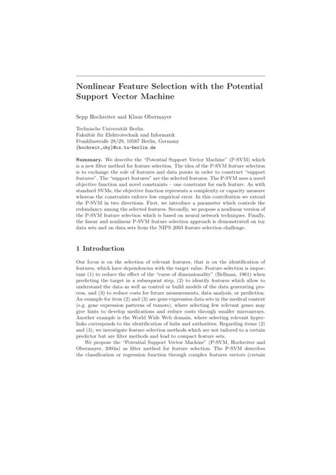 Pdf Nonlinear Feature Selection With The Potential Support Vector Machine