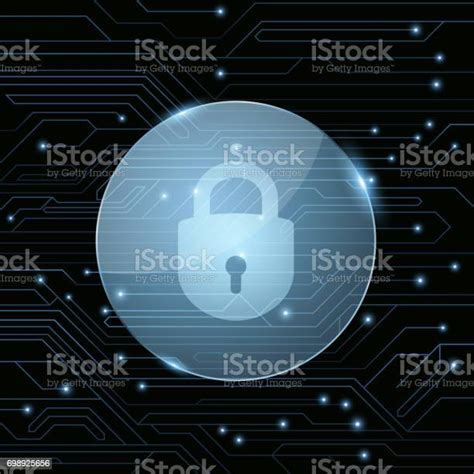 빛나는 파란색 커넥터와 컴퓨터 마더보드의 배경에 대해 잠긴 자물쇠 유리 배너 시스템 보호 됩니다 컴퓨터 네트워크입니다 벡터