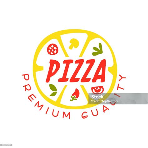 프리미엄 품질 텍스트와 소시지와 야채 창의적인 디자인으로 화려한 피자 모양 피자 배지입니다 평면 벡터 흰색 절연 0명에 대한 스톡 벡터 아트 및 기타 이미지 Istock