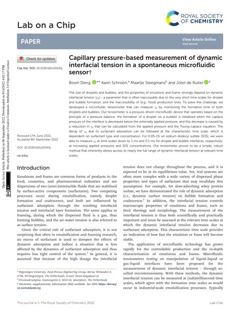 Pdf Capillary Pressure Based Measurement Of Dynamic Interfacial Tension In A Spontaneous