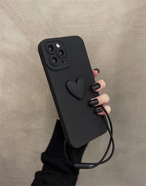 Aesthetic Black Heart Phone Case With Wrist Strap For Iphone Etsy