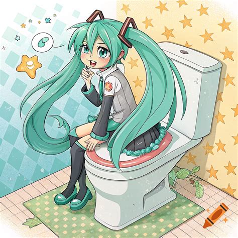 Anime Girl Resembling Hatsune Miku Sits On A Toilet In A Cartoon Style