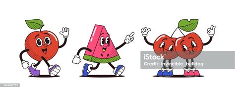 만화 사과 수박 체리 복고풍 캐릭터가 펑키한 스타일로 등장합니다 책이나 어린이 메뉴를 위한 육즙이 많은 건강 식품 인물 80 89세에 대한 스톡 벡터 아트 및 기타 이미지