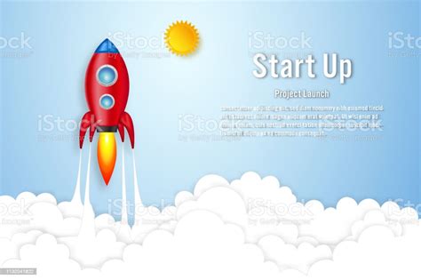 로켓은 종이 예술 공예 스타일 및 비즈니스 시작 프로젝트 개념으로 구름과 푸른 하늘에 발사 평면 디자인 벡터 일러스트입니다