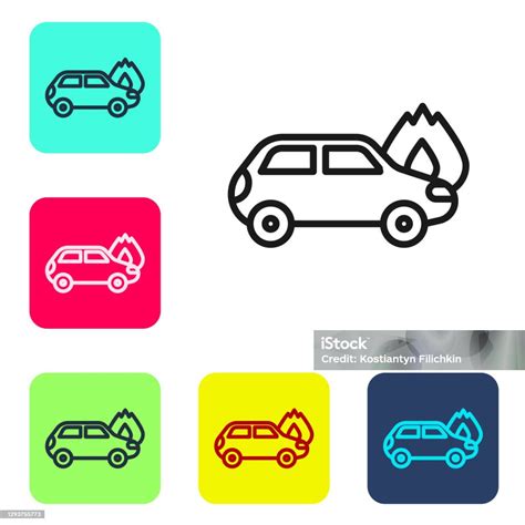 흰색 배경에 격리 된 검은 줄 불타는 자동차 아이콘 불에 자동차 화재와 연기로 덮인 깨진 자동차 색상 정사각형 단추로 아이콘을