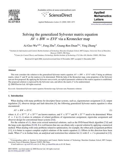 Pdf Solving The Generalized Sylvester Matrix Equation Via A Kronecker Map Dokumen Tips
