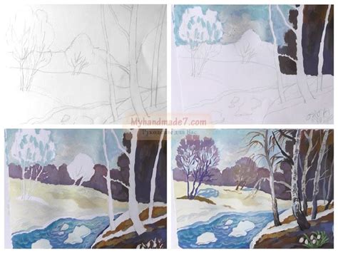 Как нарисовать весну Пошаговая инструкция с фото Уроки искусства Рисунки Живопись гуашью