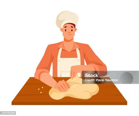 남자 빵 빵 굽는 사람 에서 제복 와 Toque 반죽 반죽 빵 굽기 생과자 벡터 일러스트 개념에 대한 스톡 벡터 아트 및 기타