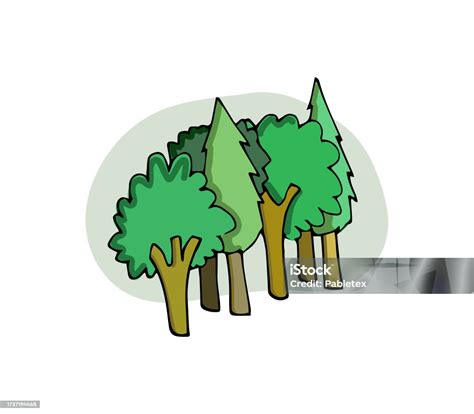 고립된 나무와 소나무 그룹 과수원 자연 사물 다채로운 만화 스타일 손으로 그린 벡터 그림입니다 0명에 대한 스톡 벡터 아트 및 기타 이미지 Istock