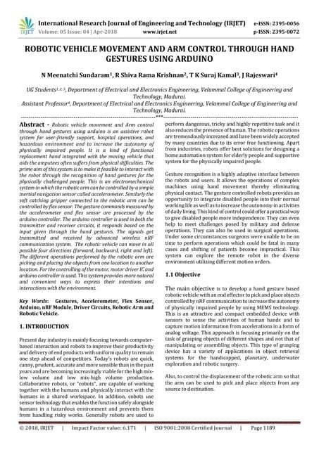 Irjet Robotic Vehicle Movement And Arm Control Through Hand Gestures