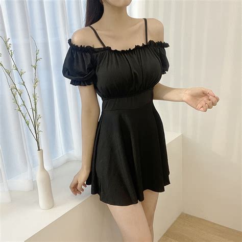 로즈데이지 당일출고청순 블랙 오프숄더 모노키니 원피스 수영복