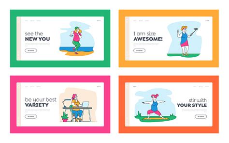바디 포지티브 아름다움 다이어트 랜딩 페이지 템플릿 세트 플러스 크기 여성 라이프 스타일 지방 여성 캐릭터 작업 사무실에 대한 스톡 벡터 아트 및 기타 이미지 Istock