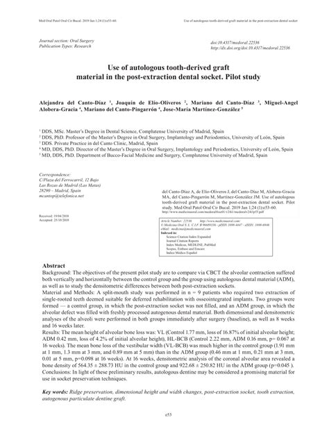Pdf Use Of Autologous Tooth Derived Graft Material In The Post Extraction Dental Socket Pilot