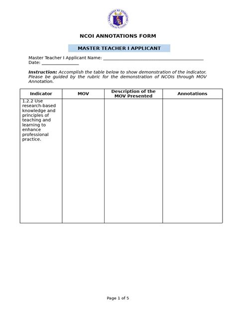Ncoi Annotations Form For Master Teacher I Applicant Pdf Teachers