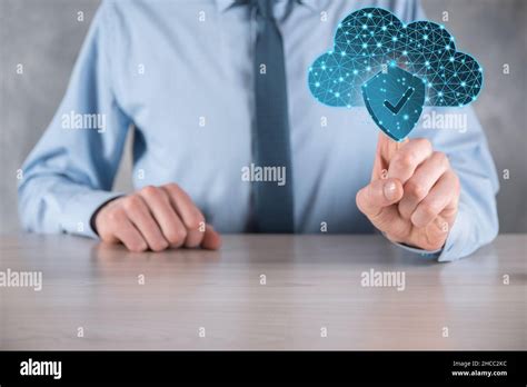 Cloud Technology Polygonal Wireframe Cloud Storage Sign With Shield With A Tick On Dark Blue