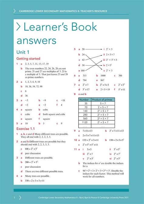 Cambridge Lower Secondary Mathematics Learners Book 8 Answers Unit 1