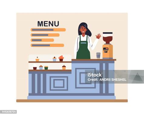 제복을 입은 만화 캐릭터가 뷔페 가게에 서서 커피를 만들고 고객을 기다리고 있다 업주에 대한 스톡 벡터 아트 및 기타 이미지 업주 커피숍 기업 비즈니스 Istock
