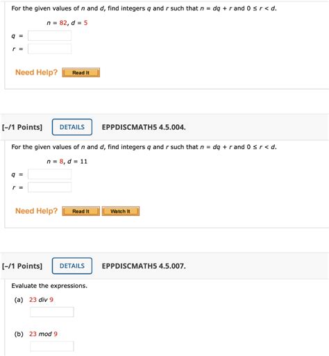 solved for the given values of n and d find integers q and