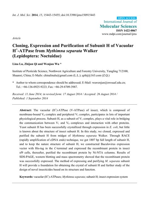Pdf Cloning Expression And Purification Of Subunit H Of Vacuolar H Atpase From Mythimna