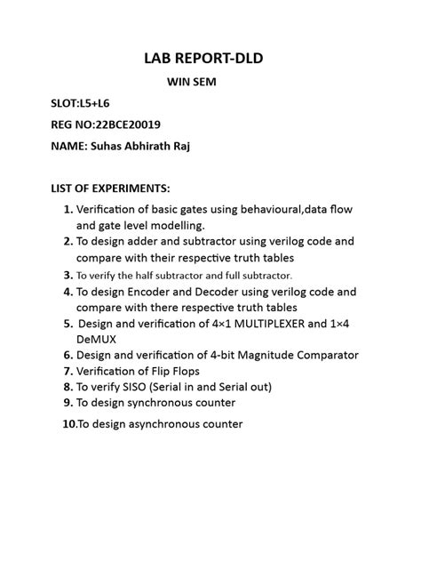 22bce20019 Lab Report Dld Download Free Pdf Electronic Circuits Electronic Design