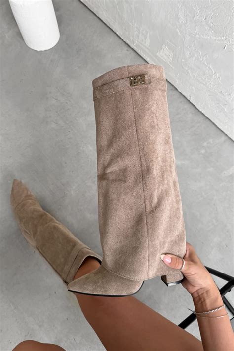 Gwen Flared Knee High Boots Beige Suede Aj Voyage