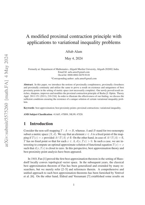 Pdf A Modified Proximal Contraction Principle With Applications To