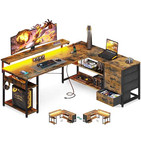 Aodk 61 L Shaped Gaming Desk With Led Lights And Power Outlets