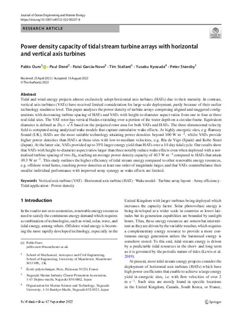 Research Paper Power Density Capacity Of Tidal Stream Turbine Arrays