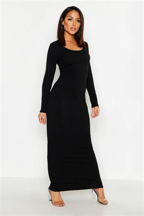 Long Sleeve Scoop Neck Ribbed Maxi Dress Boohoo Usa