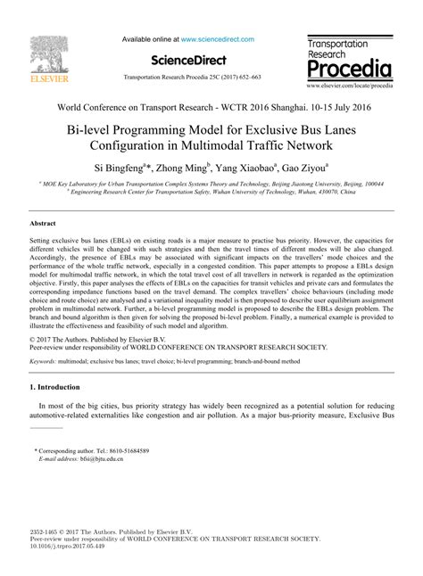 Pdf Bi Level Programming Model For Exclusive Bus Lanes Configuration In Multimodal Traffic Network