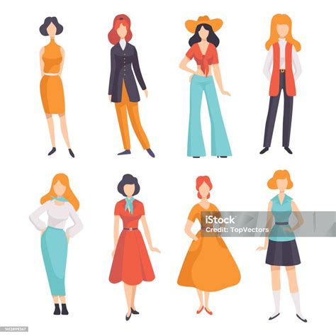 스탠딩 포즈 벡터 세트에서 70 년대의 빈티지 의류를 입은 여성 캐릭터 여자에 대한 스톡 벡터 아트 및 기타 이미지 여자