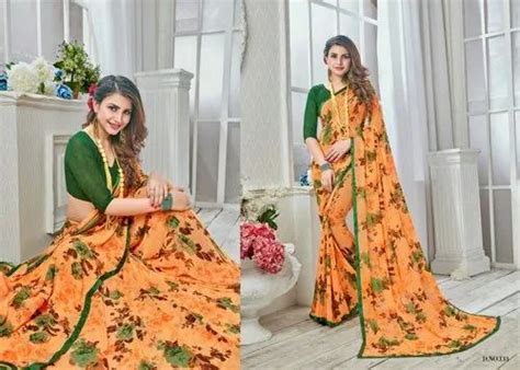 Georgette Orange With Green Blouse Jaichitra Mahek Saree Casual At