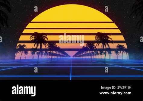 Stylized Vintage 3d Animation Background With Palm Trees Sun And