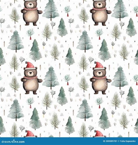 Watercolor Boho Cute Bear And Christmas Tree On White Seamless Pattern