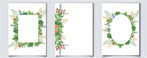 클라우드베리 잎과 열매 고사리 녹색 가지 노란색 야생화 푸른 나비가 있는 꽃 카드 템플릿 세트입니다 날짜 인사말 카드 포스터 기념일 베이비 샤워 및 커버 디자인을 저장합니다