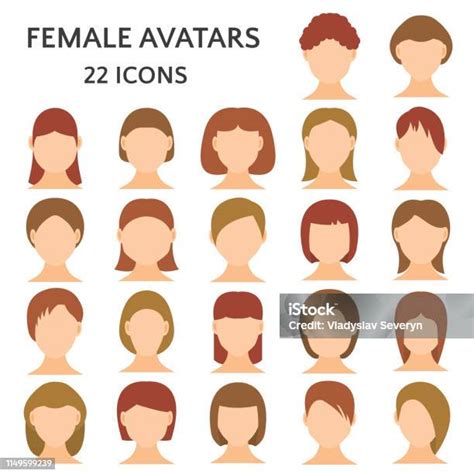 여성 아바타 아이콘을 설정 합니다 얼굴에 감정 없이 여자 다른 헤어 스타일과 머리 색 벡터 일러스트와 함께 여자 대조에 대한
