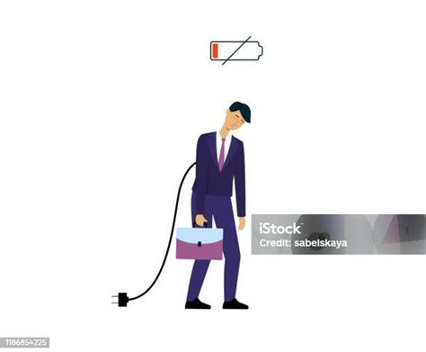 낮은 충전 배터리 및 사업가 또는 사무실 노동자 벡터 흰색에 격리 개념에 대한 스톡 벡터 아트 및 기타 이미지 개념 경영자 급유 Istock