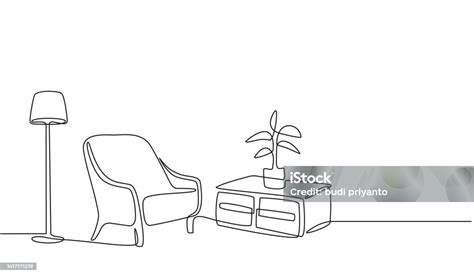 의자 램프 및 화분 식물이있는 거실 인테리어 가구의 연속 선 그리기 낙서 스타일의 거실 인테리어를위한 세련된 가구 0명에 대한