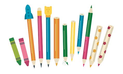 다양한 사실적인 색연필 지우개가 있는 크레용과 없는 크레용 샤프너와 깨진 세트 갈음질에 대한 스톡 벡터 아트 및 기타 이미지