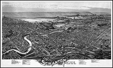 Scranton Pennsylvania Vintage Map Birds Eye View 1890 Black And White