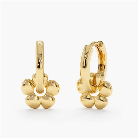 14k Gold Flower Huggies Solid Gold Hoops Gold Huggies With Flower
