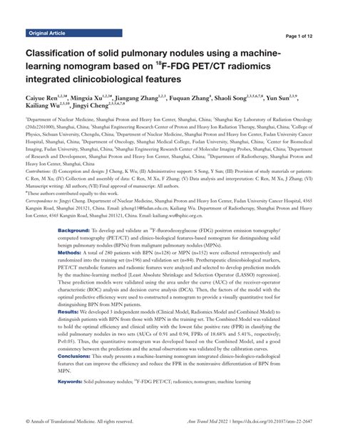 Pdf Classification Of Solid Pulmonary Nodules Using A Machine Learning Nomogram Based On 18f
