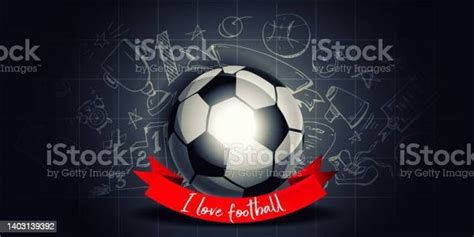 스포츠와 승리 개념 만화 스타일의 리본과 슬레이트 보드 배경에 자유형 그림이있는 축구 공 Soccer Tournament에 대한