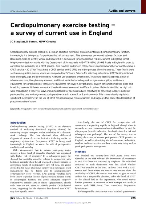 Pdf Cardiopulmonary Exercise Testing A Survey Of Current Use In England