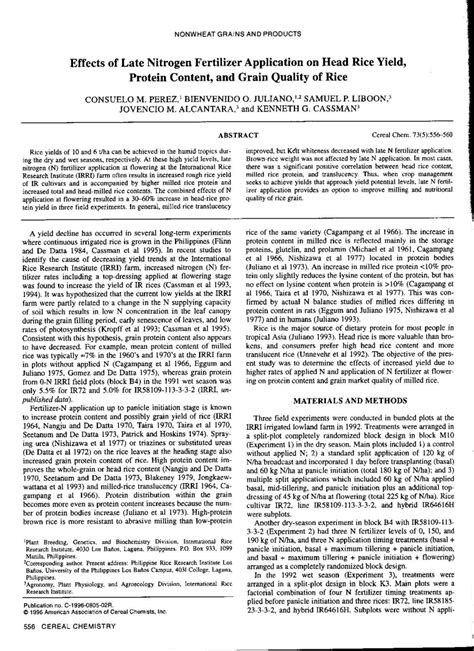 Pdf Effects Of Late Nitrogen Fertilizer Application On Head Rice Yield Protein Content And