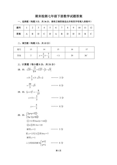 【人教版】数学七年级下册期末测试卷（试卷答案双向细目表） 21世纪教育网