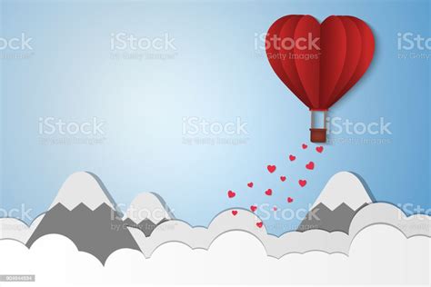 발렌타인 데이 구름과 심장 부동 산 하늘 커플 허니문 벡터 일러스트 배경에서 비행 하는 풍선의 종이 스타일 사랑 공예에 대한
