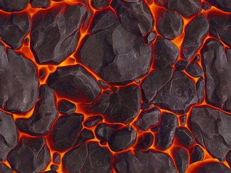 Closeup Of Lava Rocks With Red Flames In The Middle And Black Rock